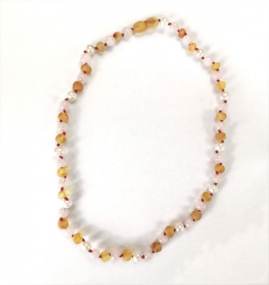 Sea Pearl, Unpolished Honey Amber and Rose Quartz Necklace