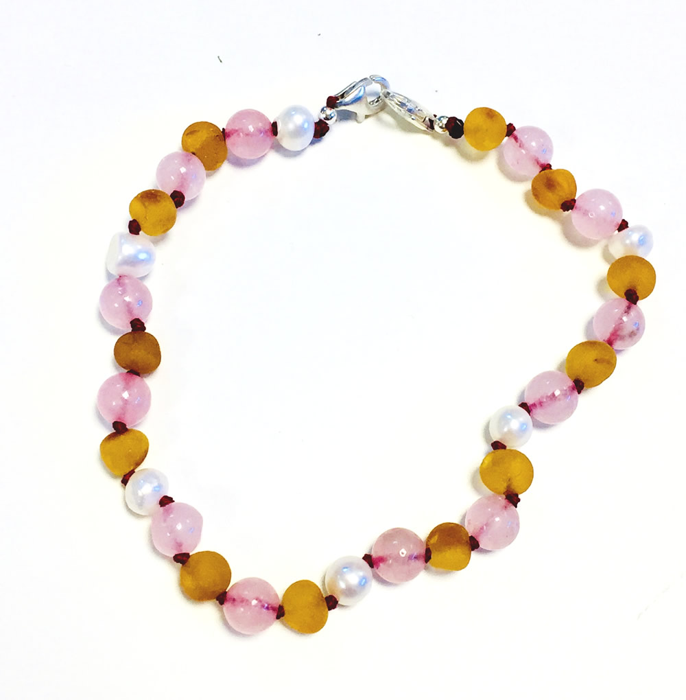 Adult Adjustable Sea Pearl Unpolished Honey Amber And Rose Quartz Bracelet